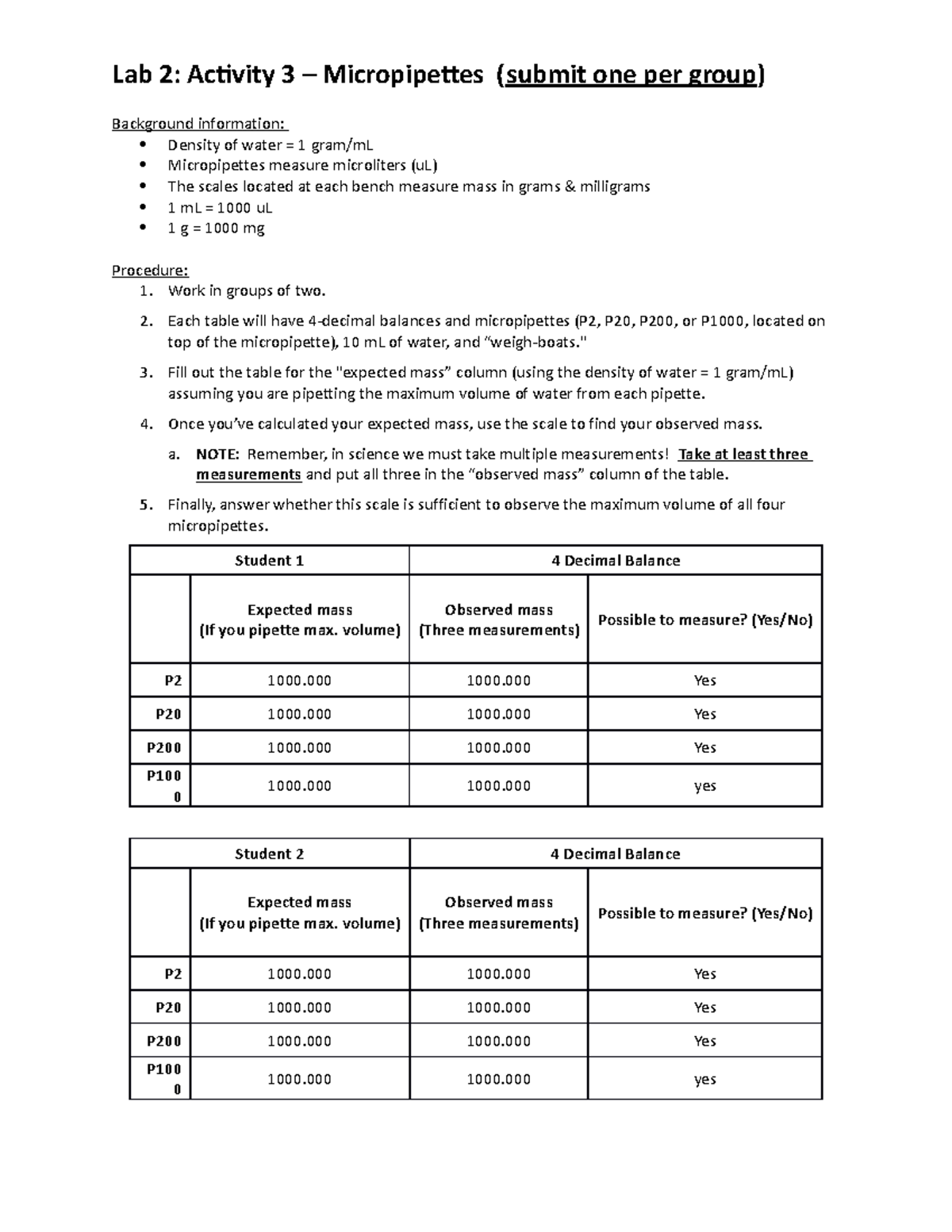 Lab 2 - Activity 3 Micropippetting (In person) - Lab 2: Activity 3 ...