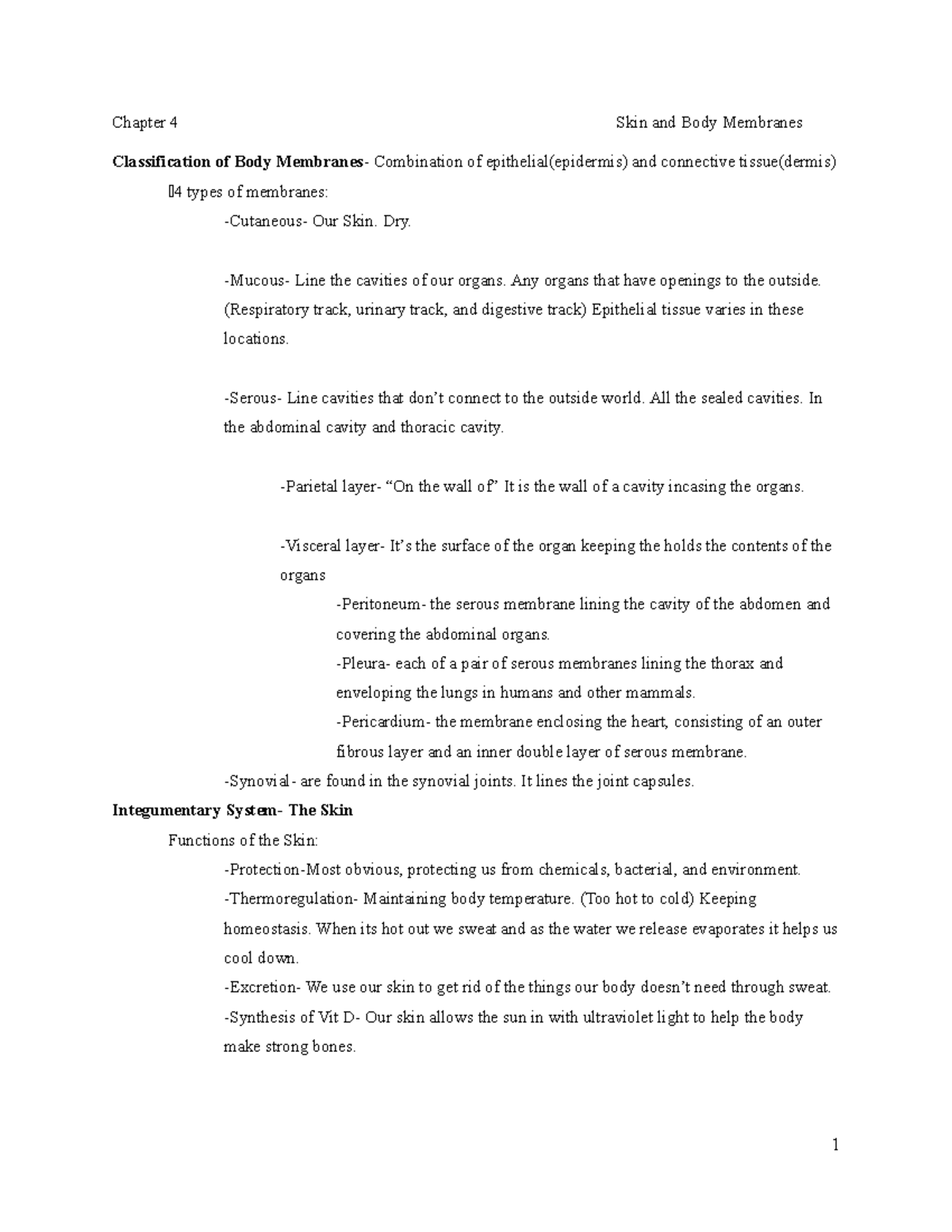 Lecture Notes BI121 Chapter 4 - Chapter 4 Skin and Body Membranes ...