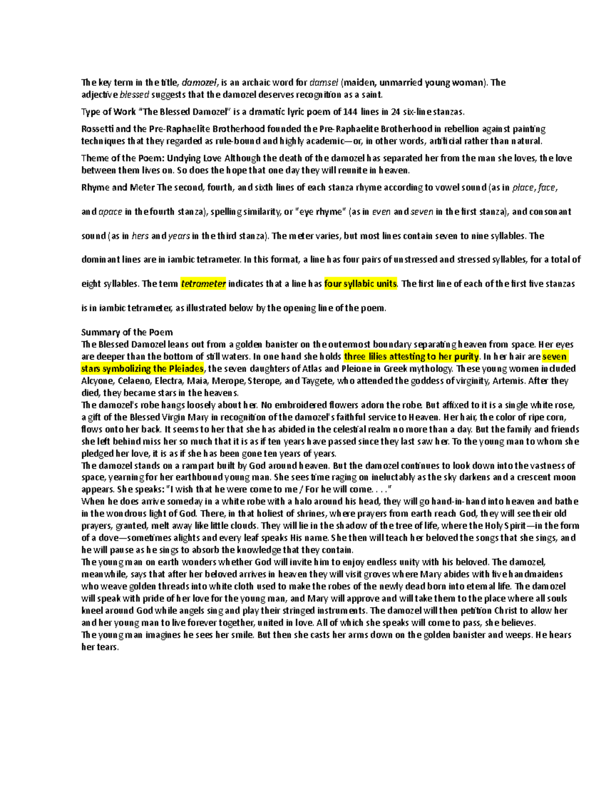 Dante Rosetti blessed damozel - The key term in the title, damozel, is ...