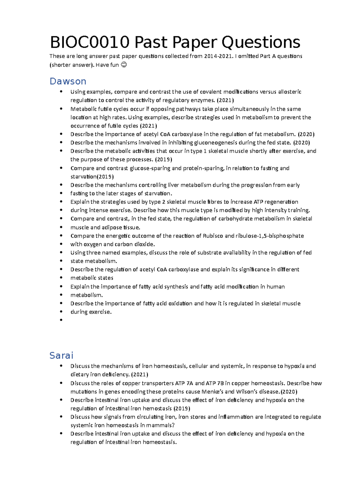 BIOC0010 Past Paper Questions I Omitted Part A Questions shorter
