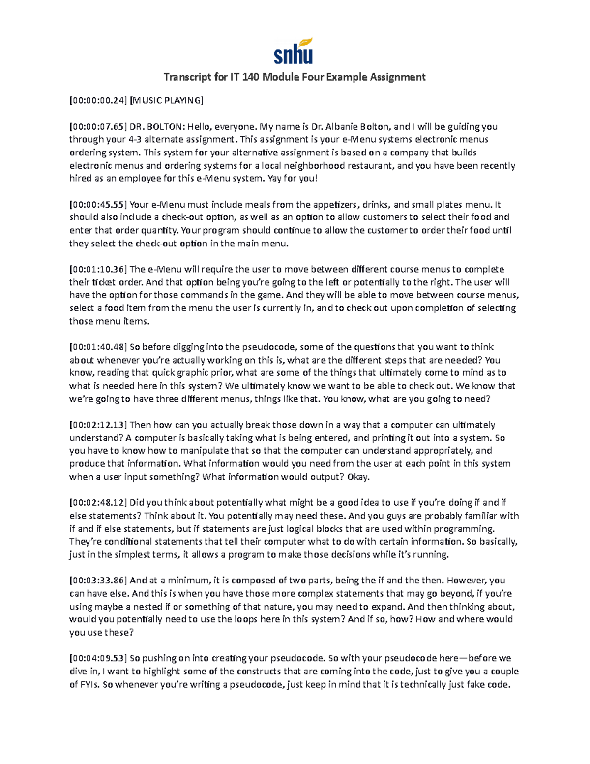 Transcript for IT 140 Module Four Example Assignment - Transcript for ...