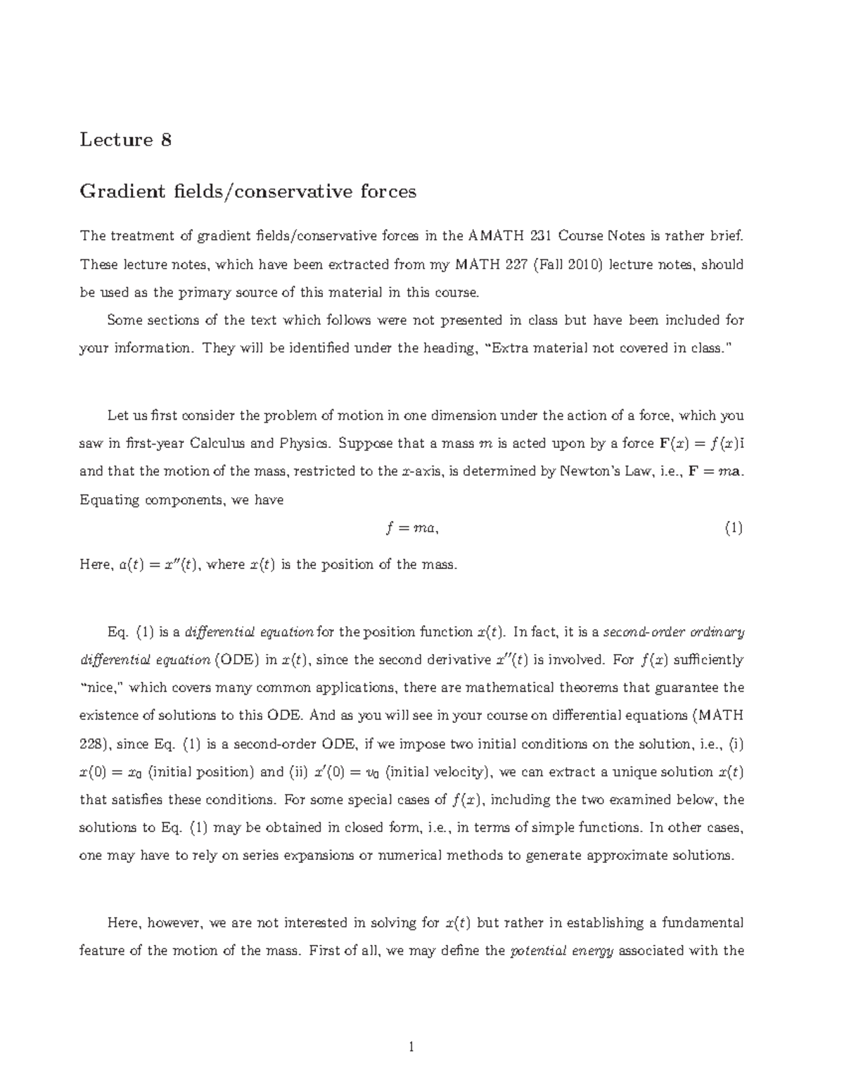 Force as gradient of potential energy - Lecture 8 Gradient fields/conservative forces The ...