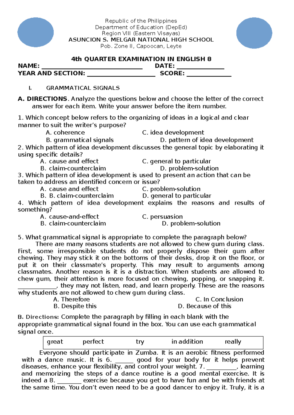 Fourth Quarter EXAM IN English 8 - Republic of the Philippines ...