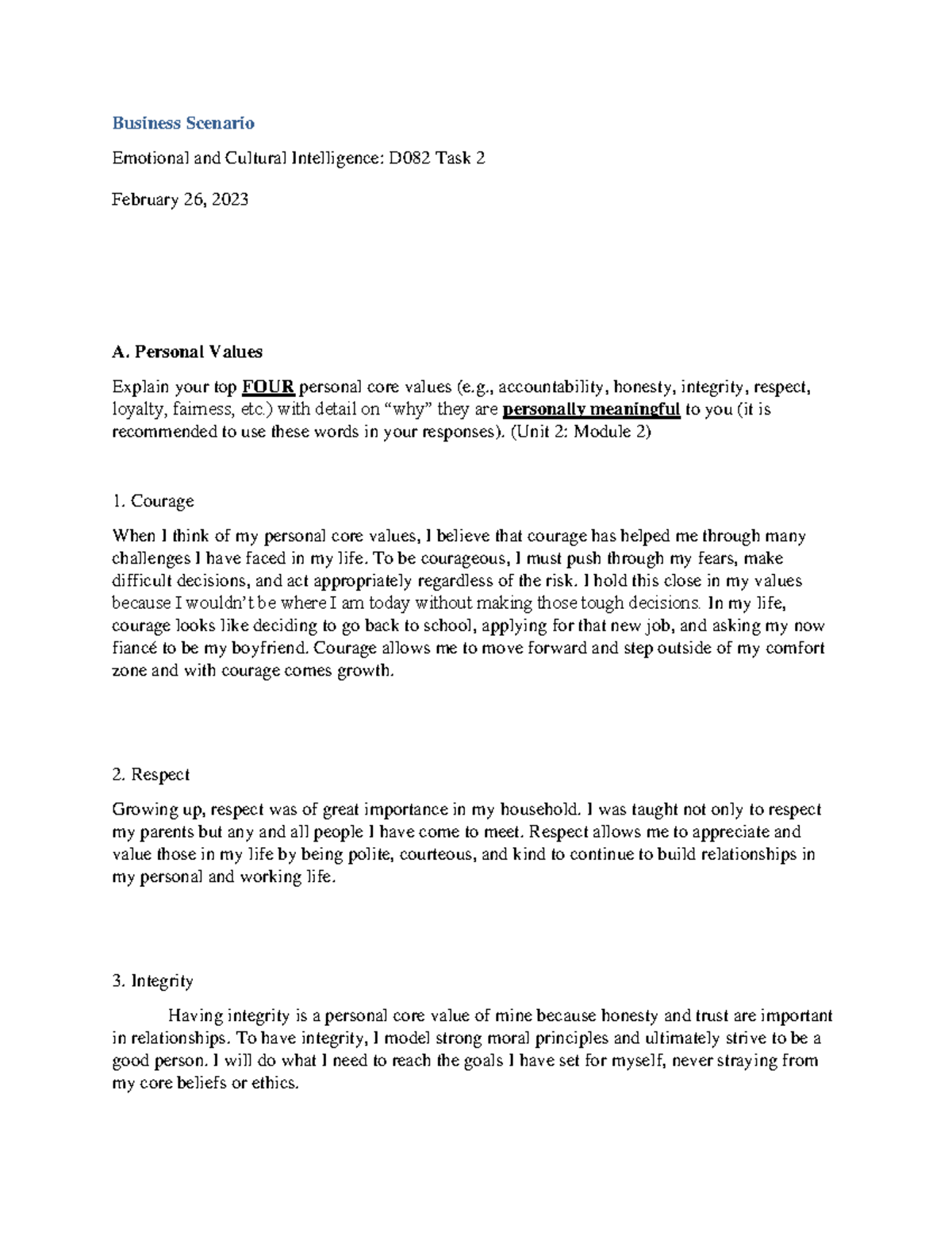 D082 Task 2 - Task 2 - Business Scenario Emotional and Cultural ...