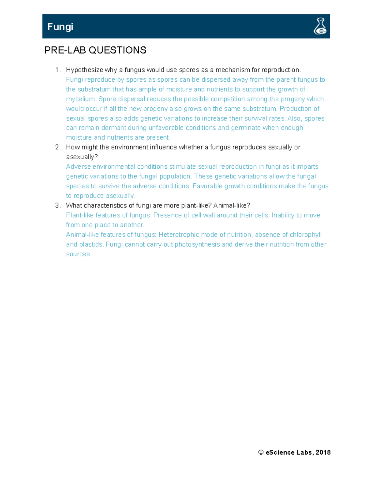 IB 1108 L19 Fungi-2 - lab - PRE-LAB QUESTIONS Hypothesize why a fungus would use spores as a ...