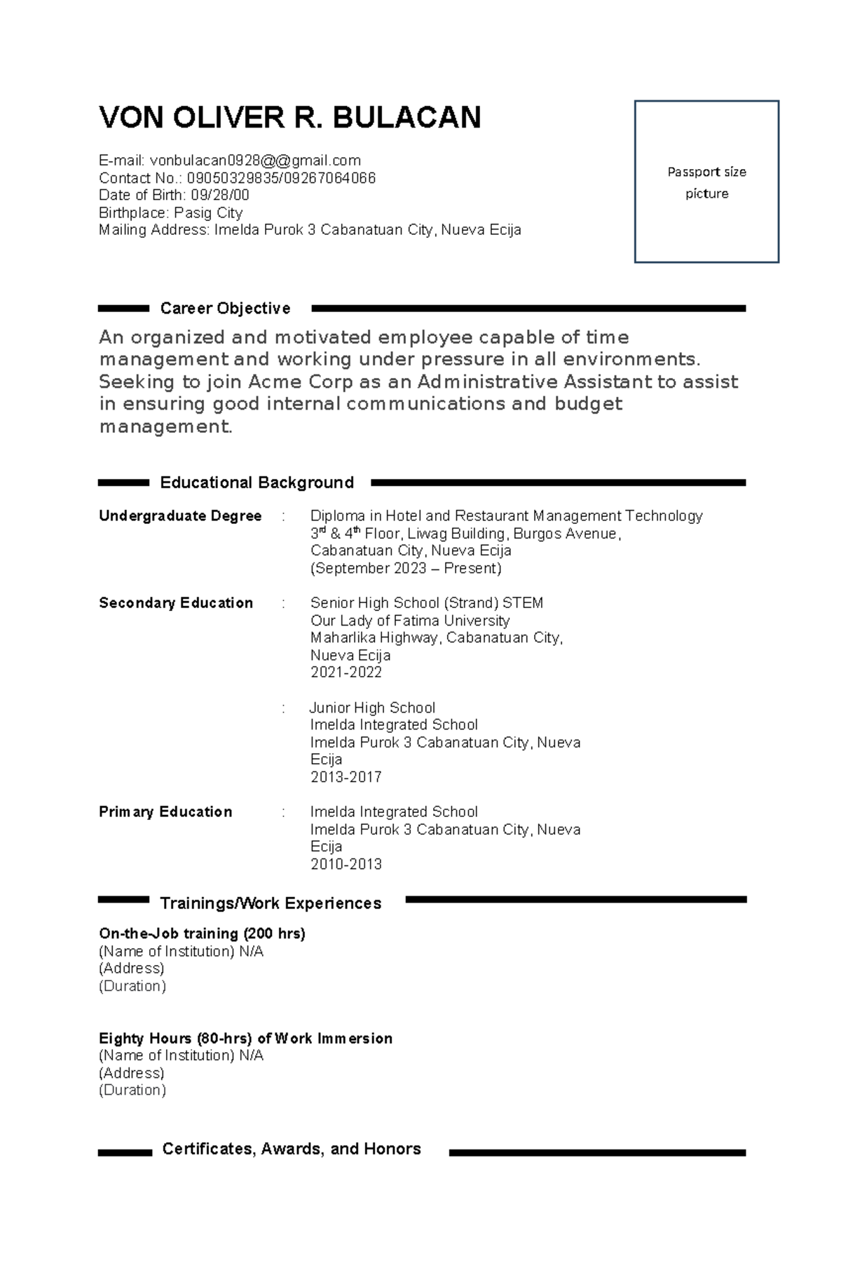 VON Oliver Bulacan CV - summary - VON OLIVER R. BULACAN E-mail ...