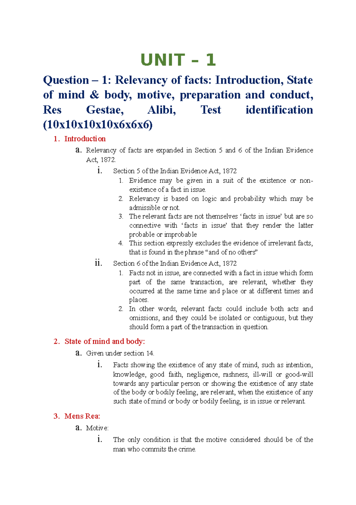 Question and Answer - UNIT – 1 Question – 1: Relevancy of facts ...