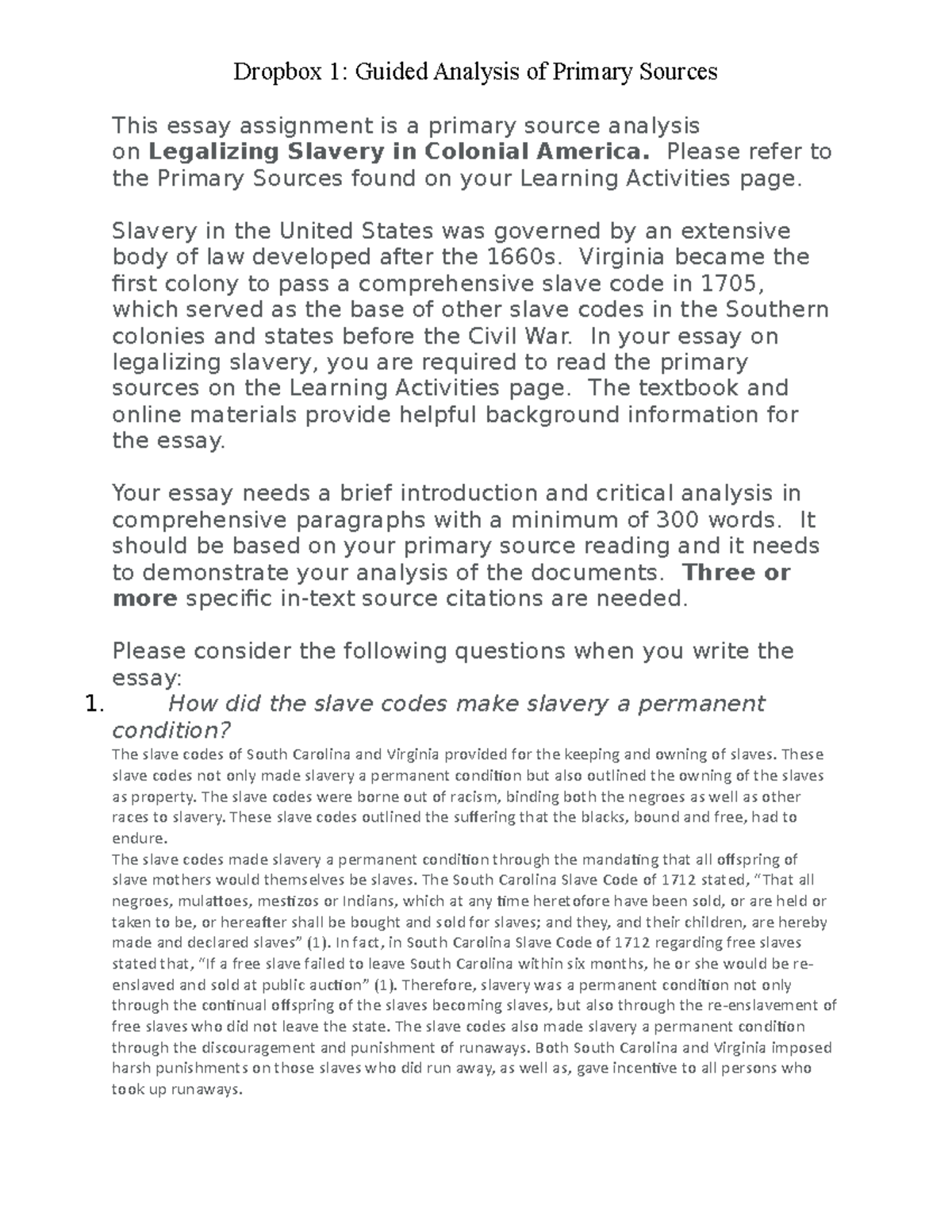 Primary Source essay - Legalizing Slavery in Colonial America - Dropbox ...