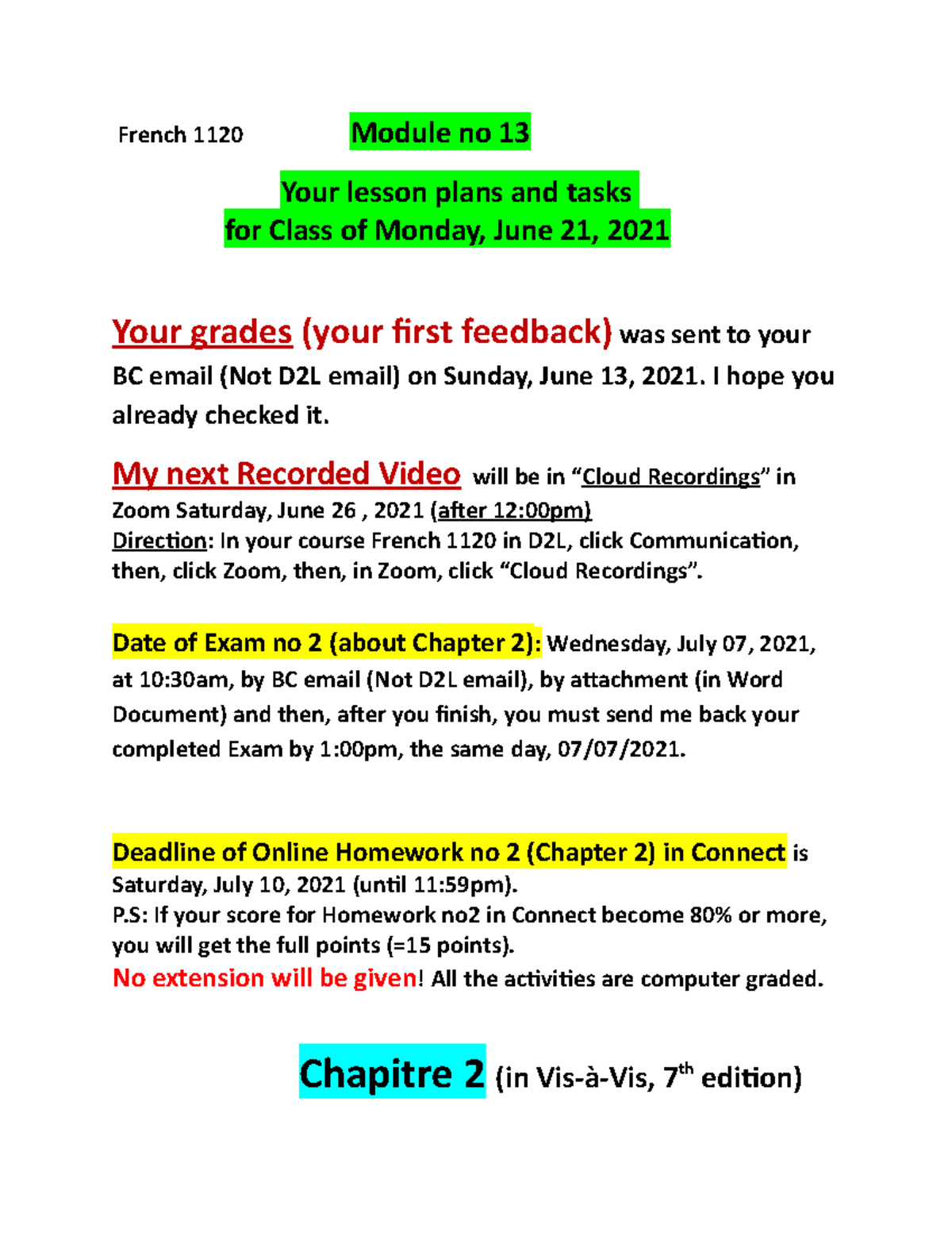 Module no 13 Your lesson plans and tasks for Class of Monday, June 21 ...