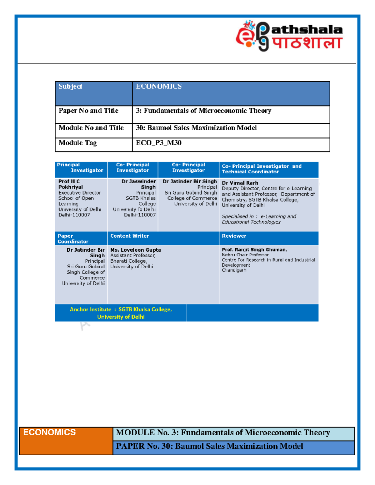 Fundamentals of Microeconomic Theory Module No and Title 30: Baumol ...