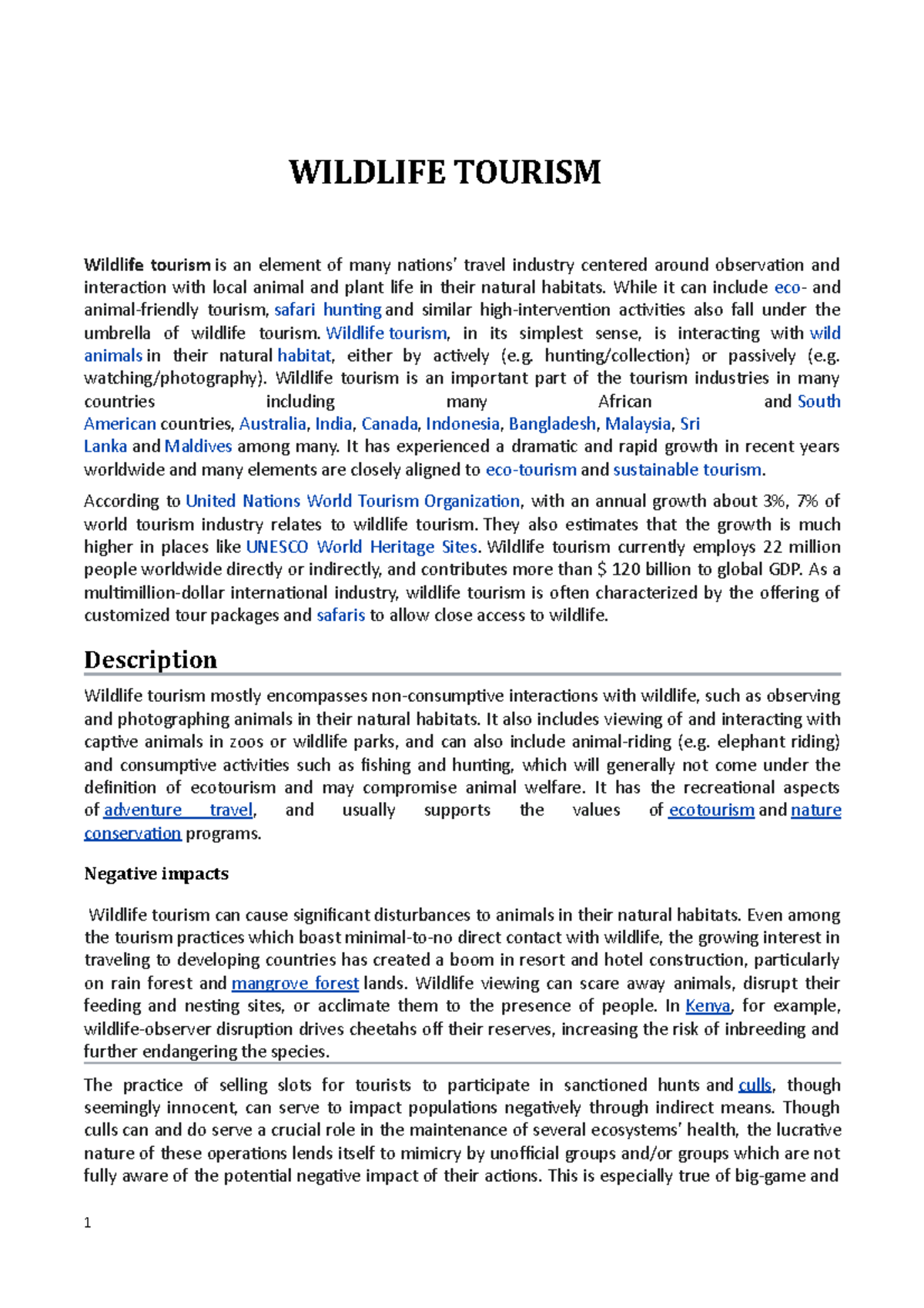Wildlife Tourism doc3 - WILDLIFE TOURISM Wildlife tourism is an element ...