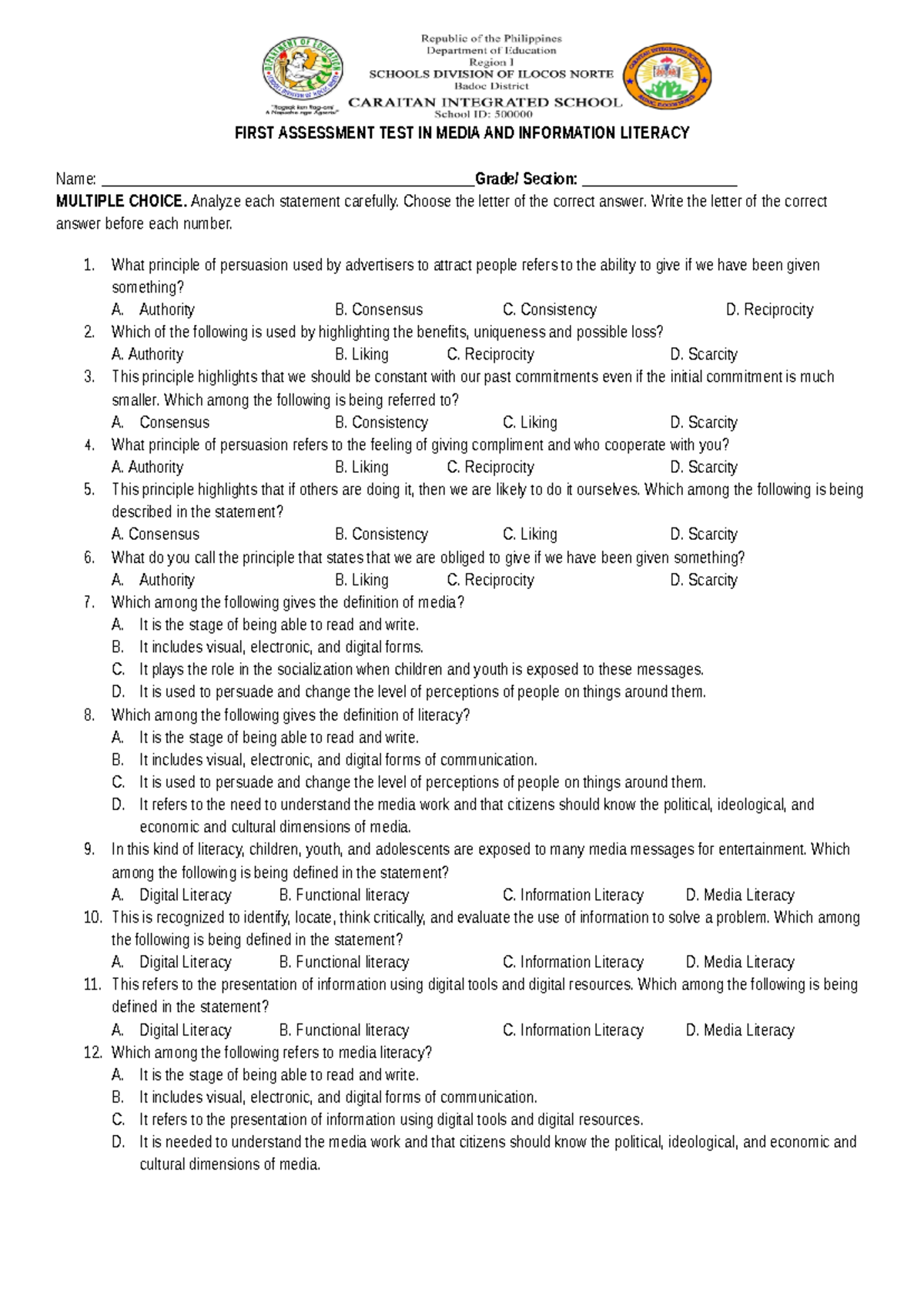 First Assessment TEST IN Media AND Information Literacy - FIRST ...