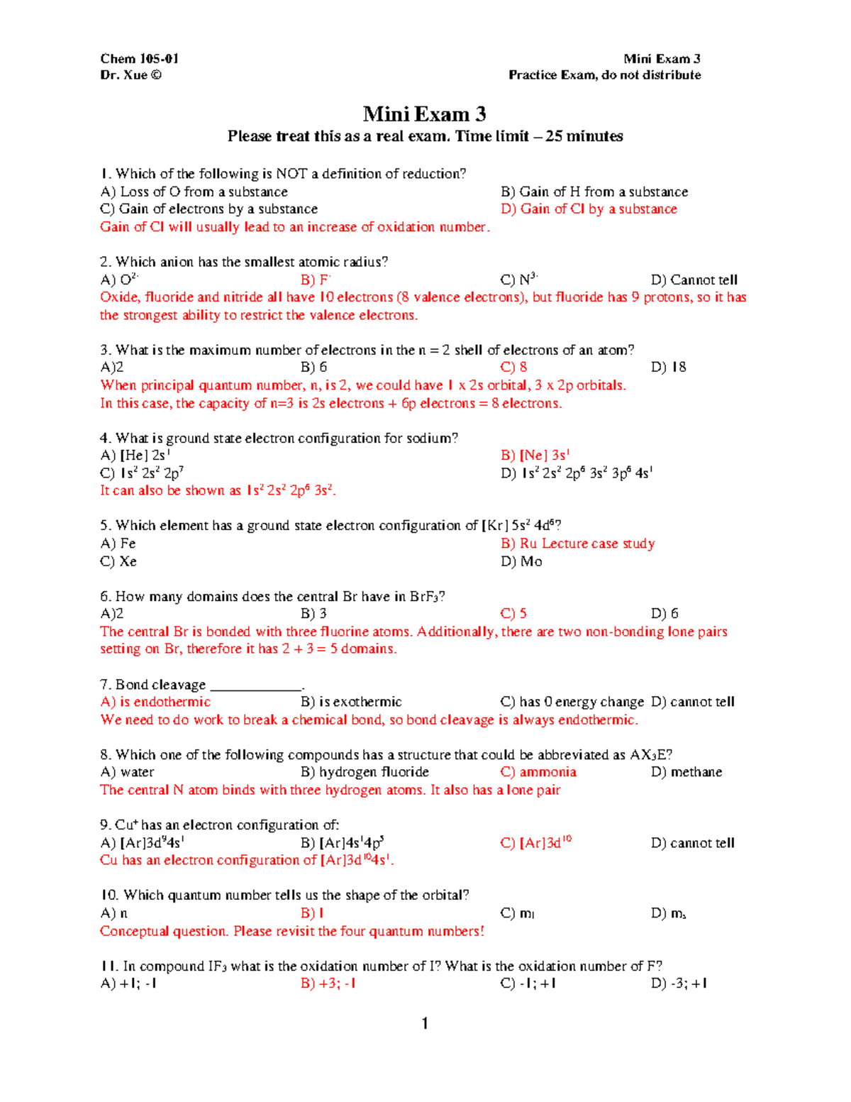 Mini exam 3 105-01 Fall 2022 answer key XUE - Chem 105-01 Mini Exam 3 ...
