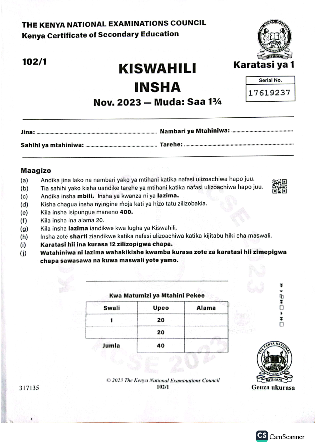 2023 KCSE Kiswahili 1,2&3 - Education - Studocu
