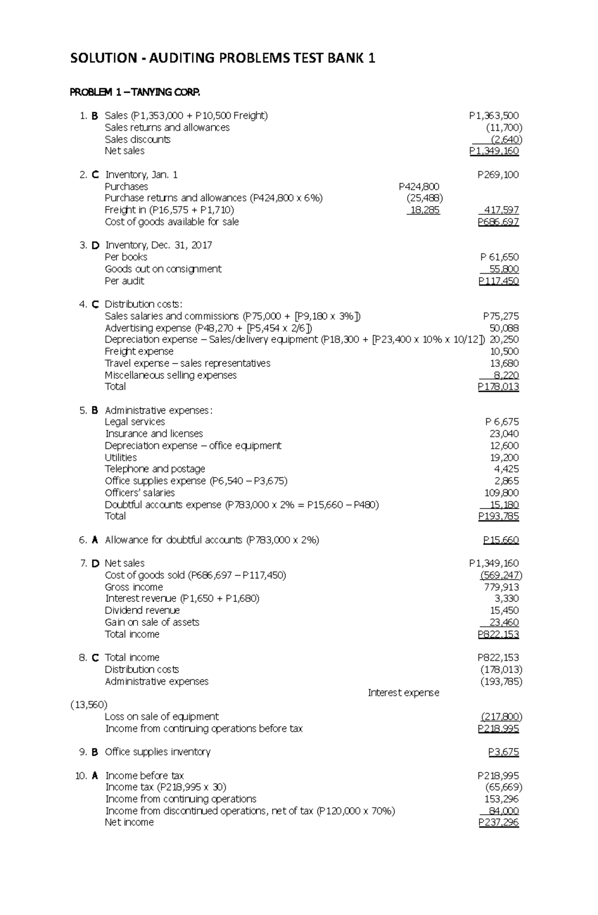 Auditing Problem Test Bank 1 ANS - Accountancy - Studocu