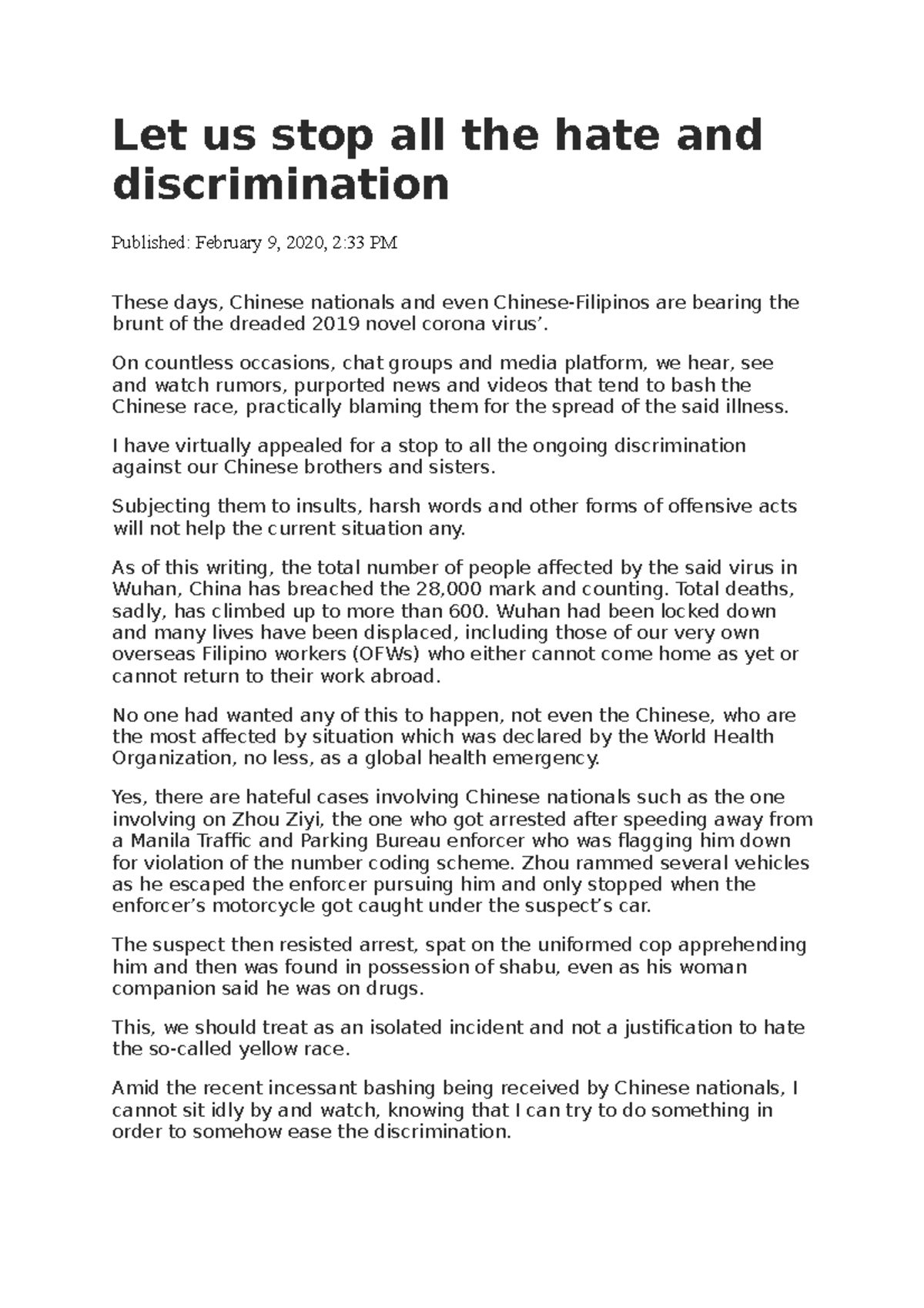 Editorial-article-critique - Let us stop all the hate and ...