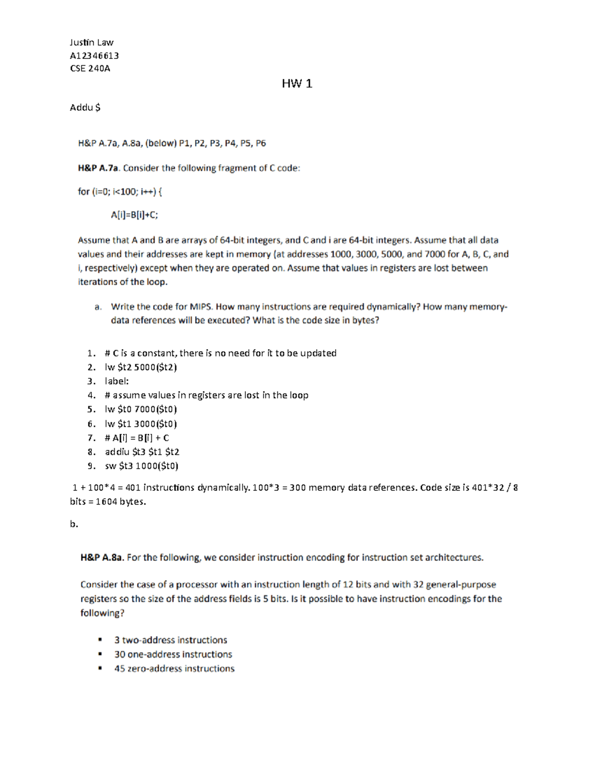 HW1-CSE240A - Solutions manual for computer architecture class. - A CSE ...