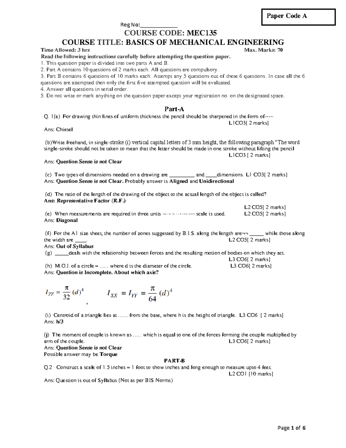 Sample paper - ..................... - Reg No:____________ COURSE CODE ...