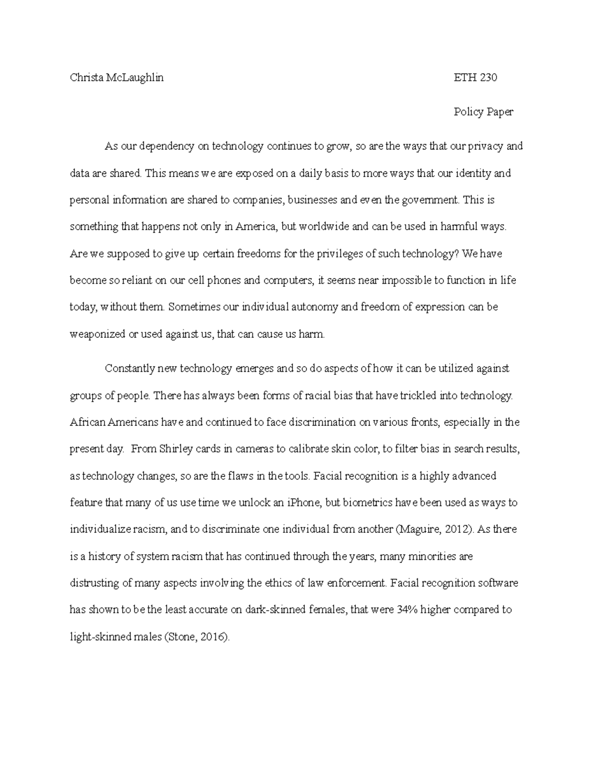 ETH PP - Policy paper - Christa McLaughlin ETH 230 Policy Paper As our ...