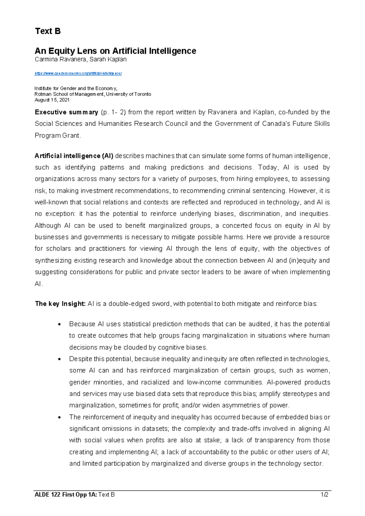 ALDE 122 1A Text B - Exam text - ALDE 122 First Opp 1A: Text B 1 / 2 ...