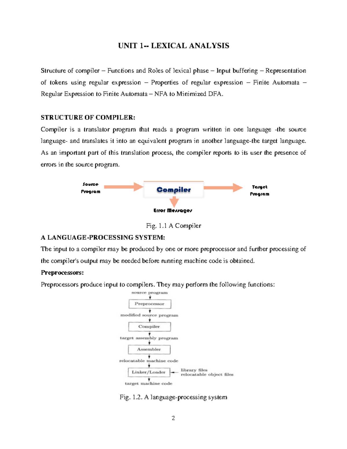 Unit-1 ACD - UNIT 1- LEXICAL ANALYSIS Structure of compiler – Functions and Roles of lexical ...