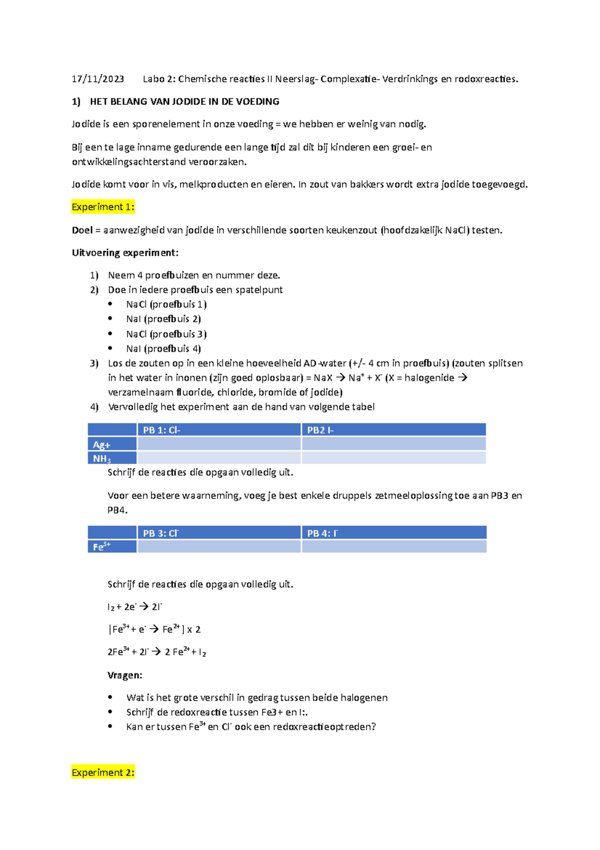 Labovoorbereiding labo 2 - 17/11/2023 Labo 2: Chemische reacties II ...