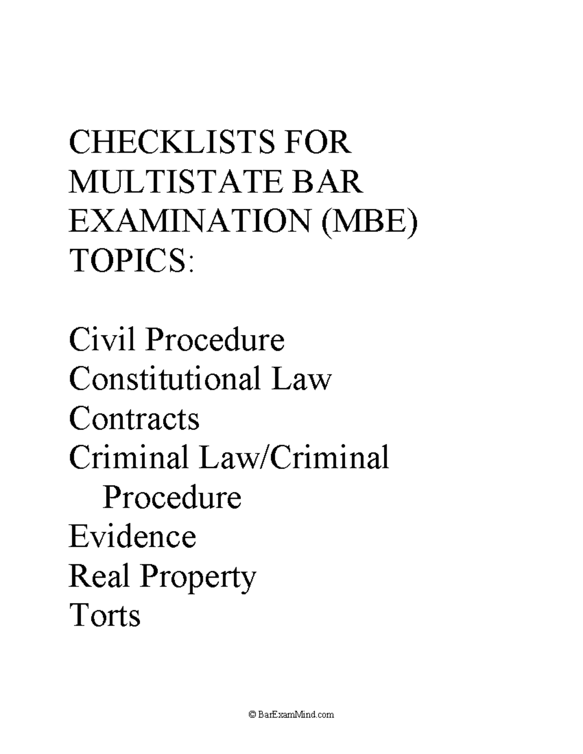 Bonus - MBE checklists copy - CHECKLISTS FOR MULTISTATE BAR EXAMINATION ...