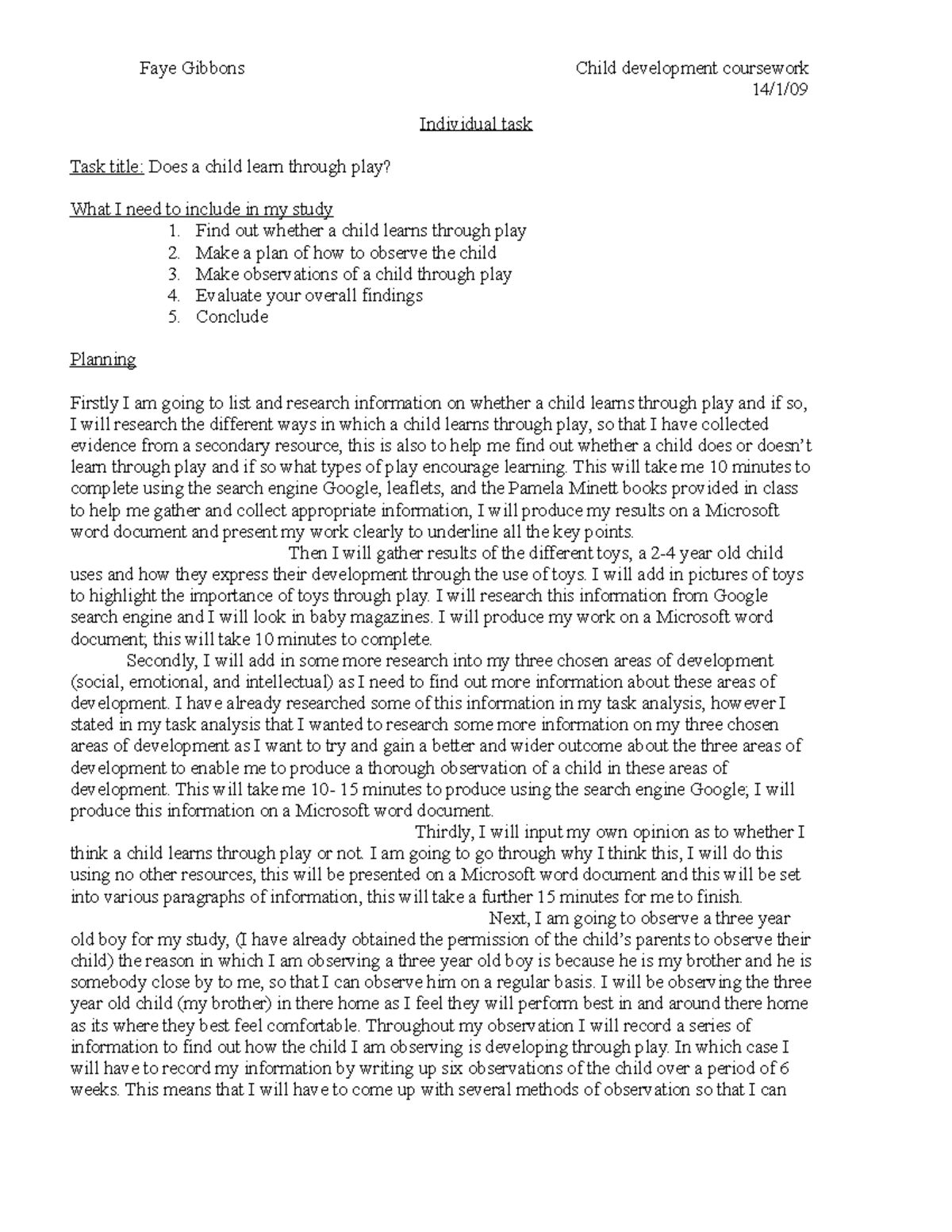 Individual task planning - Faye Gibbons Child development coursework 14 ...