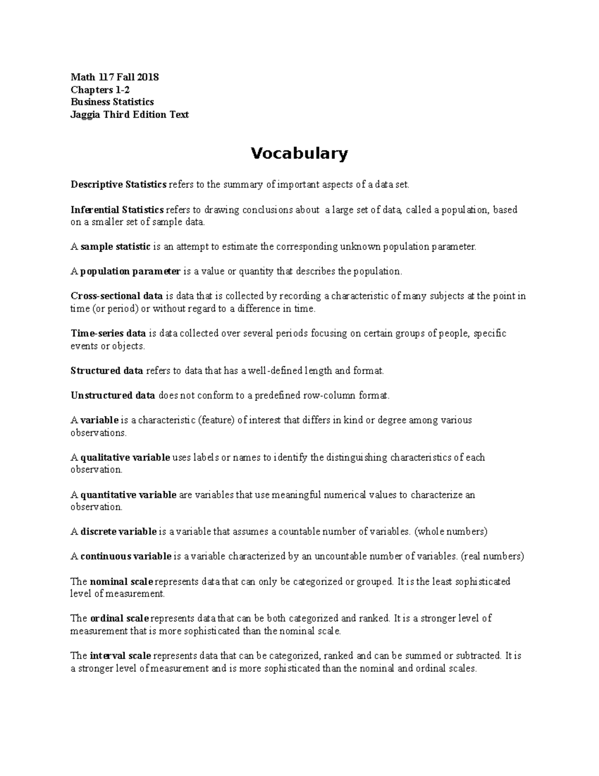 Glossary of Terms Chapters 1-2 - Math 117 Fall 2018 Chapters 1 ...