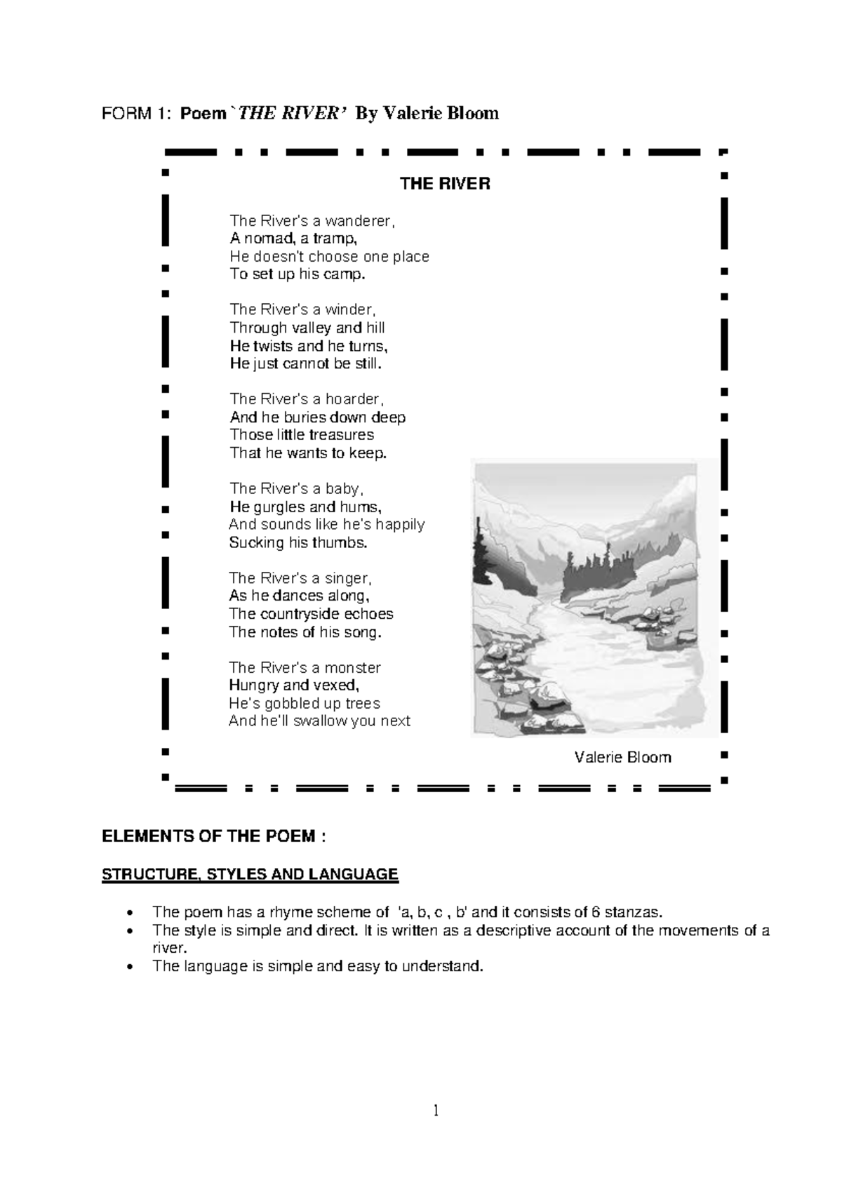POEM-FORM FOR STUDENTS - FORM 1: Poem `THE RIVER’ By Valerie Bloom ...