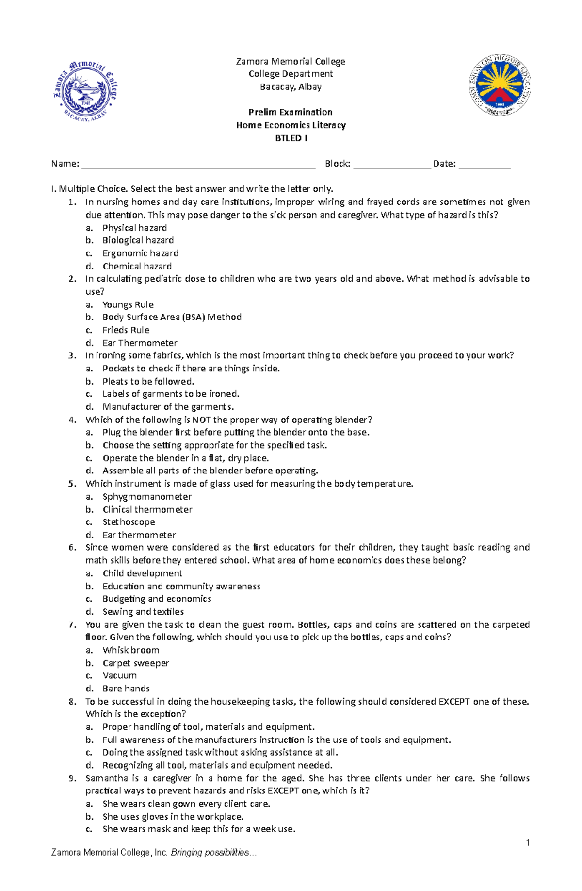 HEL Prelim Exam - vasba - Zamora Memorial College College Department ...