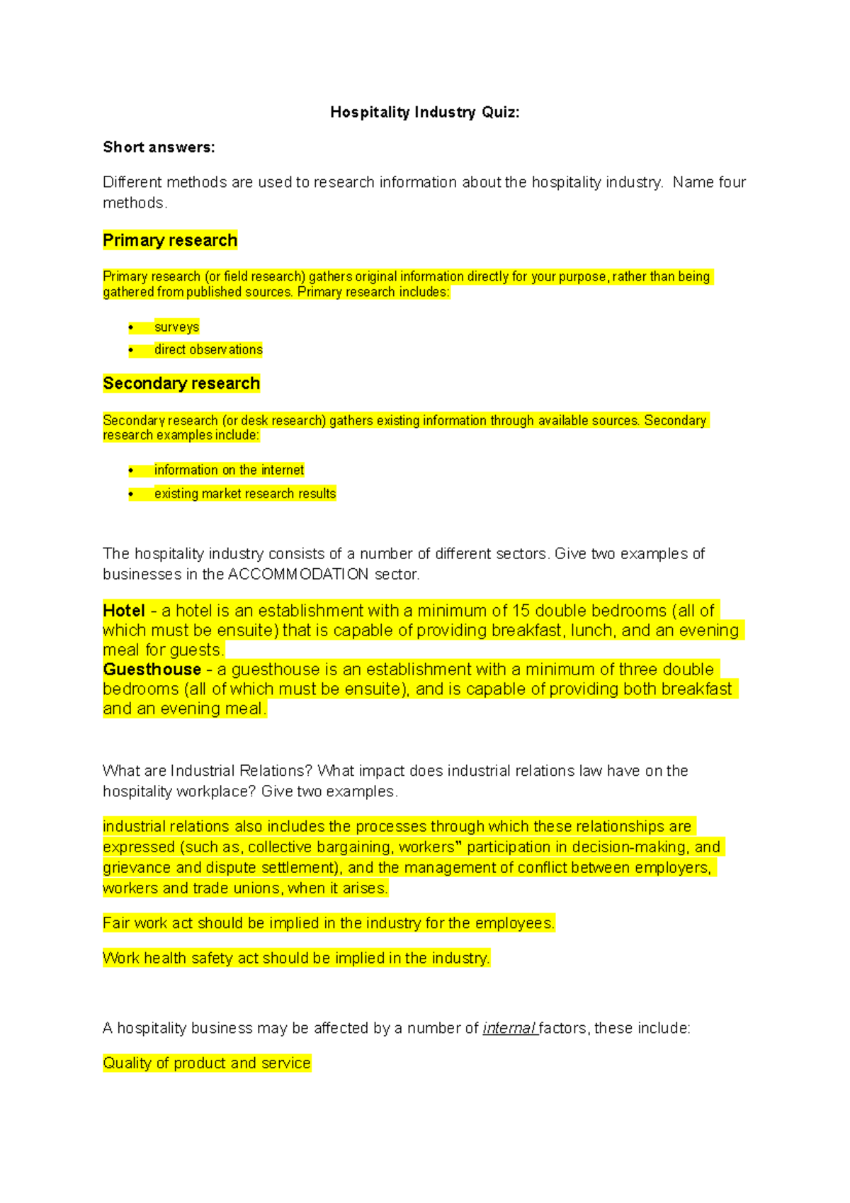 Hospitality Industry Quiz - Hospitality Industry Quiz: Short answers ...