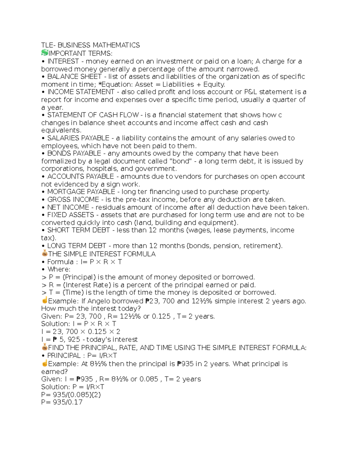 TLE1 - jhkiljl - TLE- BUSINESS MATHEMATICS IMPORTANT TERMS: INTEREST ...