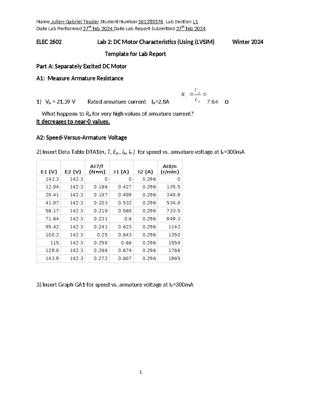 ELEC 2602 Lab 2 ( Lvsim) - Date Lab Performed 27 th feb 2024 Date Lab ...