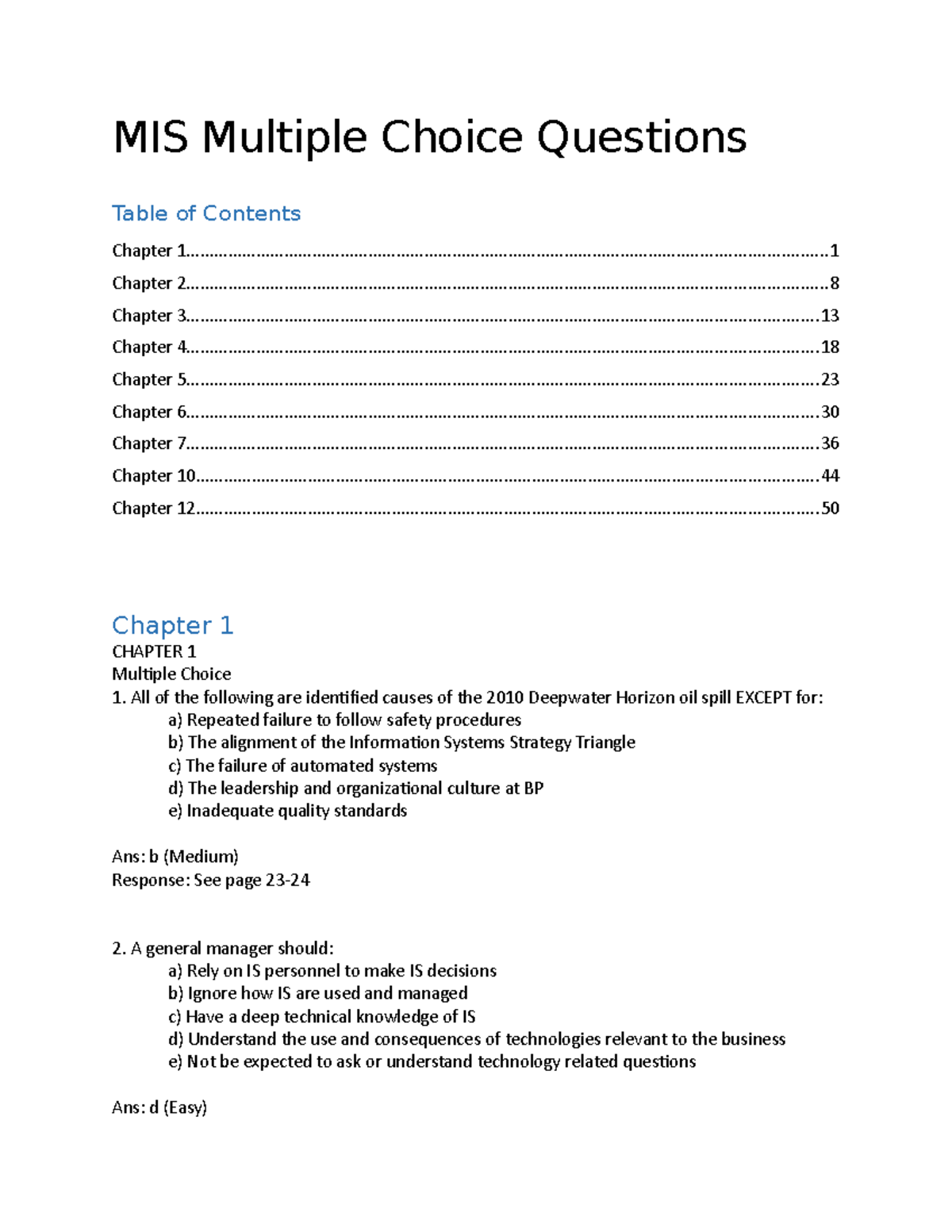 Sample/practice exam 2021, questions and answers - MIS Multiple Choice ...