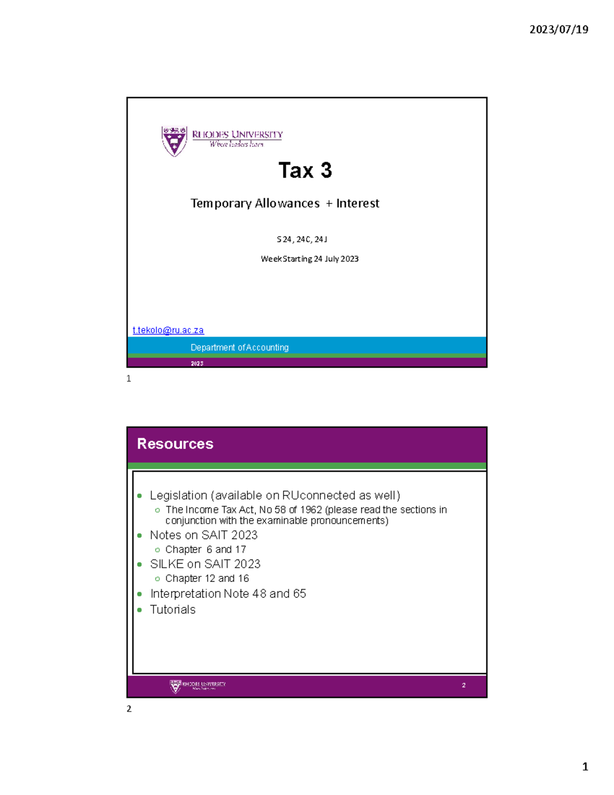 Lecture Slides Allowances and Interest - Tax 3 2023 Department of ...
