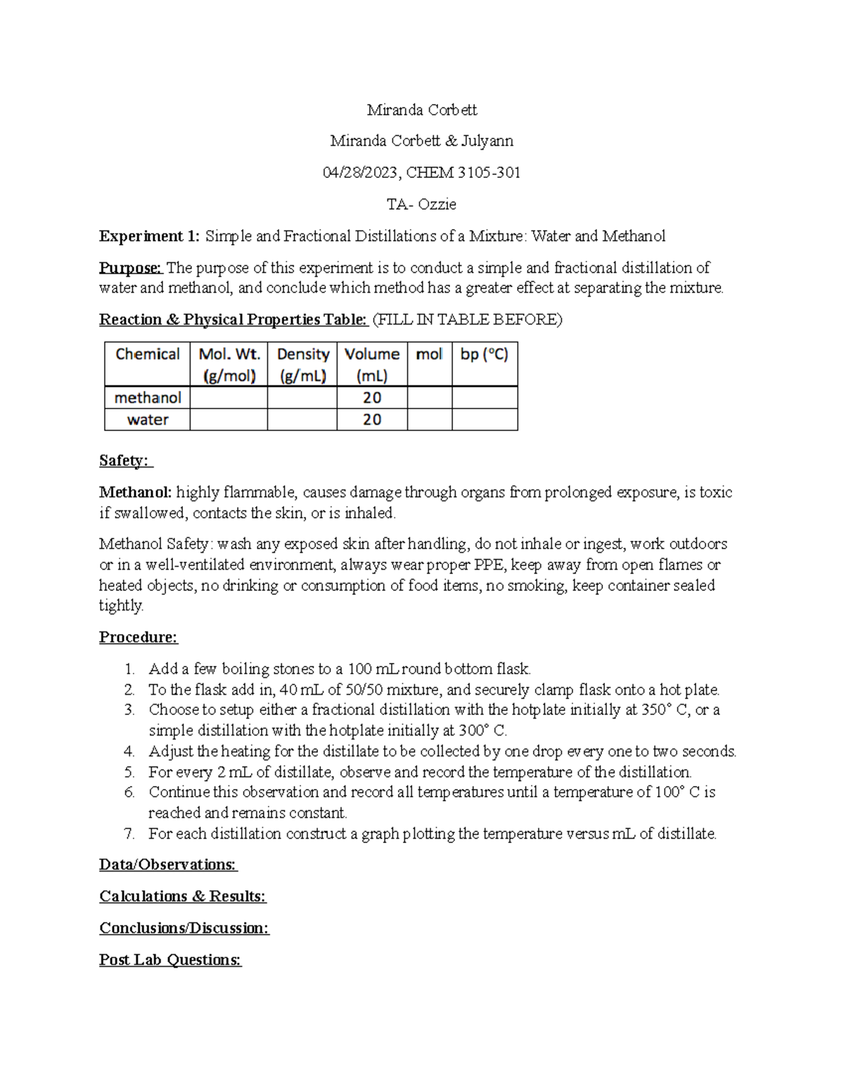 Chem 3105 Lab Report 1 - Miranda Corbett Miranda Corbett & Julyann 04 ...