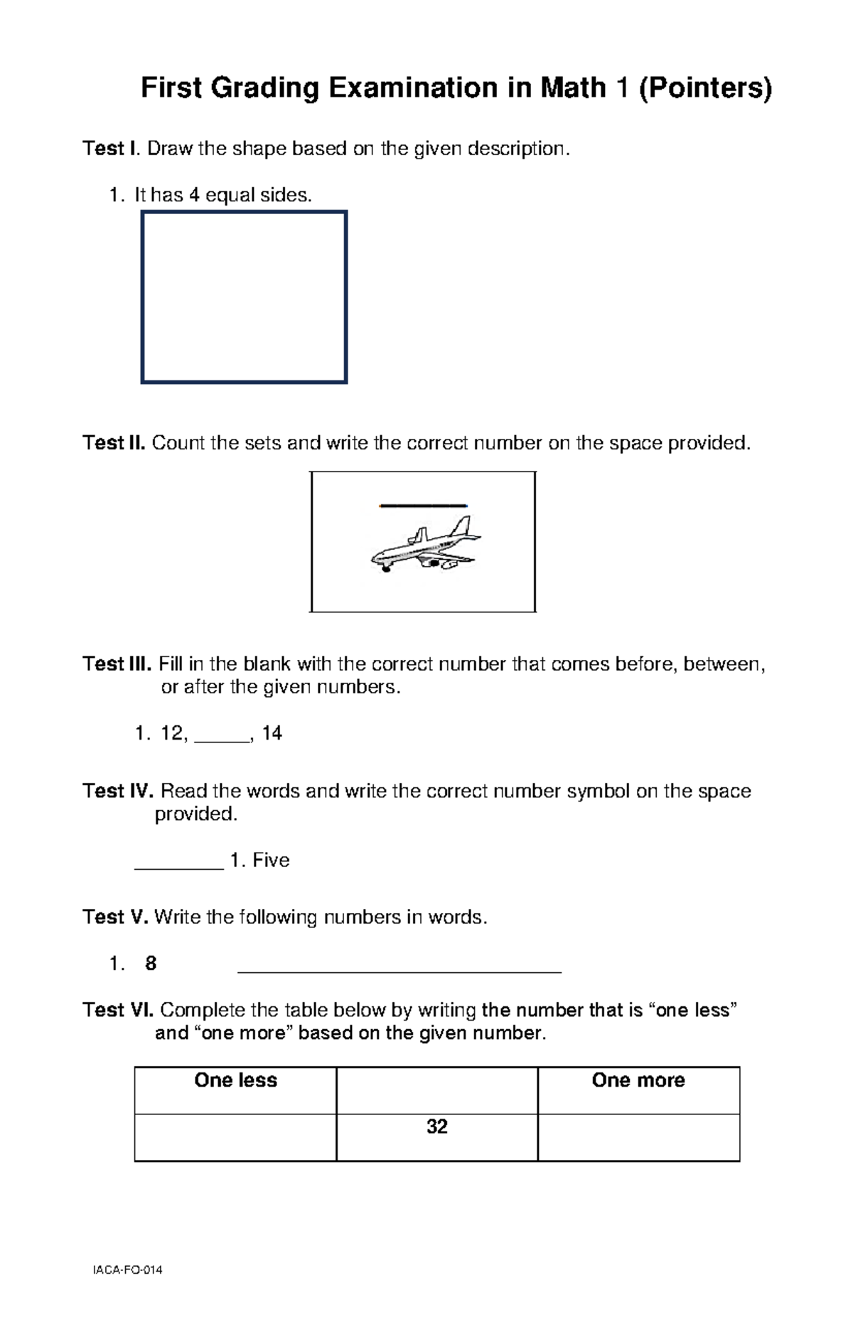 First+Grading+Examination+in+Math+1+(Pointers) - IACA-FO- 014 First ...