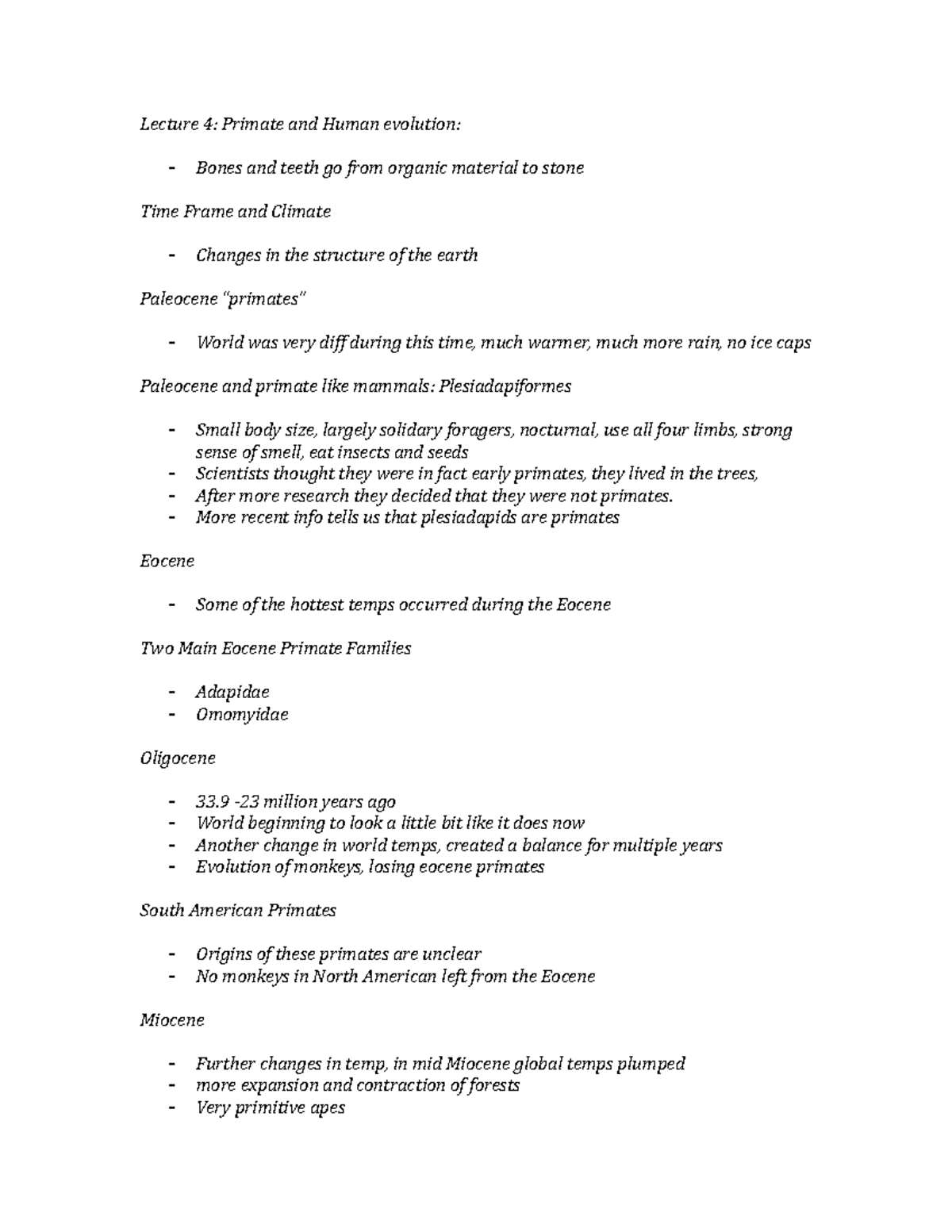 October 3 Notes - Lecture 4: Primate and Human evolution: Bones and ...