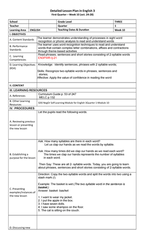 Week 5 - ENGLISH LESSON PLAN - Lesson Plan in English 3 First Quarter ...