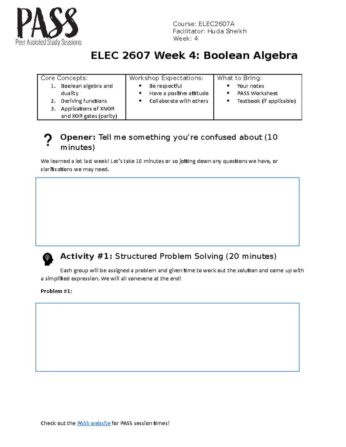 PASS Worksheet ECOR 1047 - Course: ELEC2607A Facilitator: Huda Sheikh ...