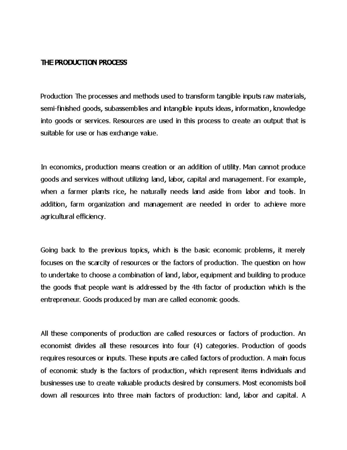 THE Production Process and Measures of Production Output - THE ...