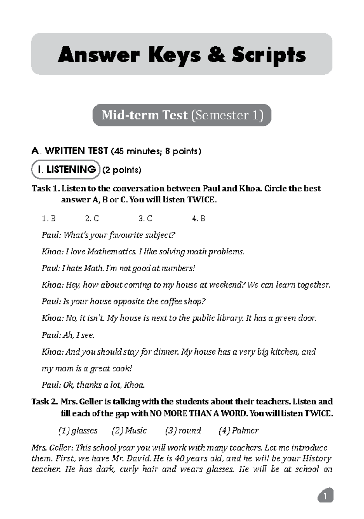 KEY - Mid-test - semester 1 - 1 Answer Keys & Scripts I. LISTENING (2 ...