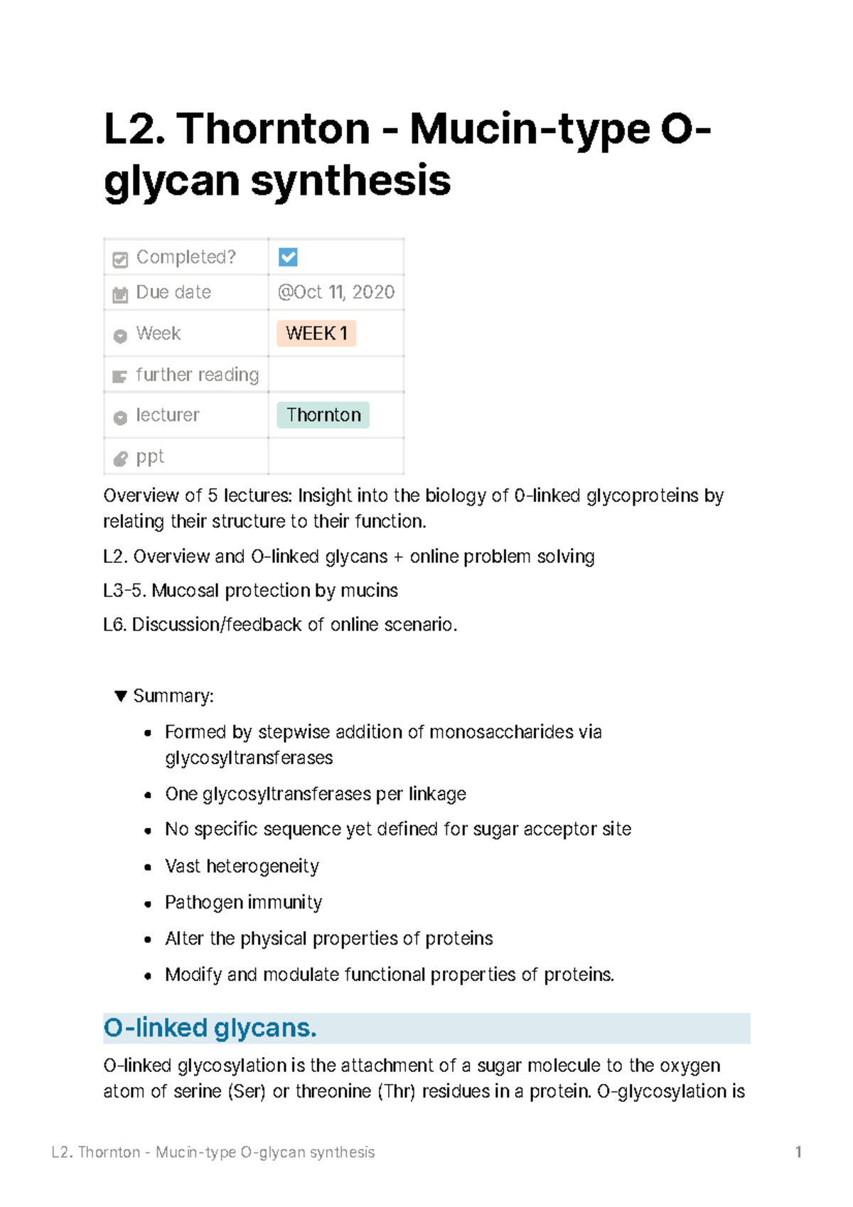 L2. mucins glycan - Lԇ. Thornton - Mucin-type O-glycan synthesis Ԇ L2 ...