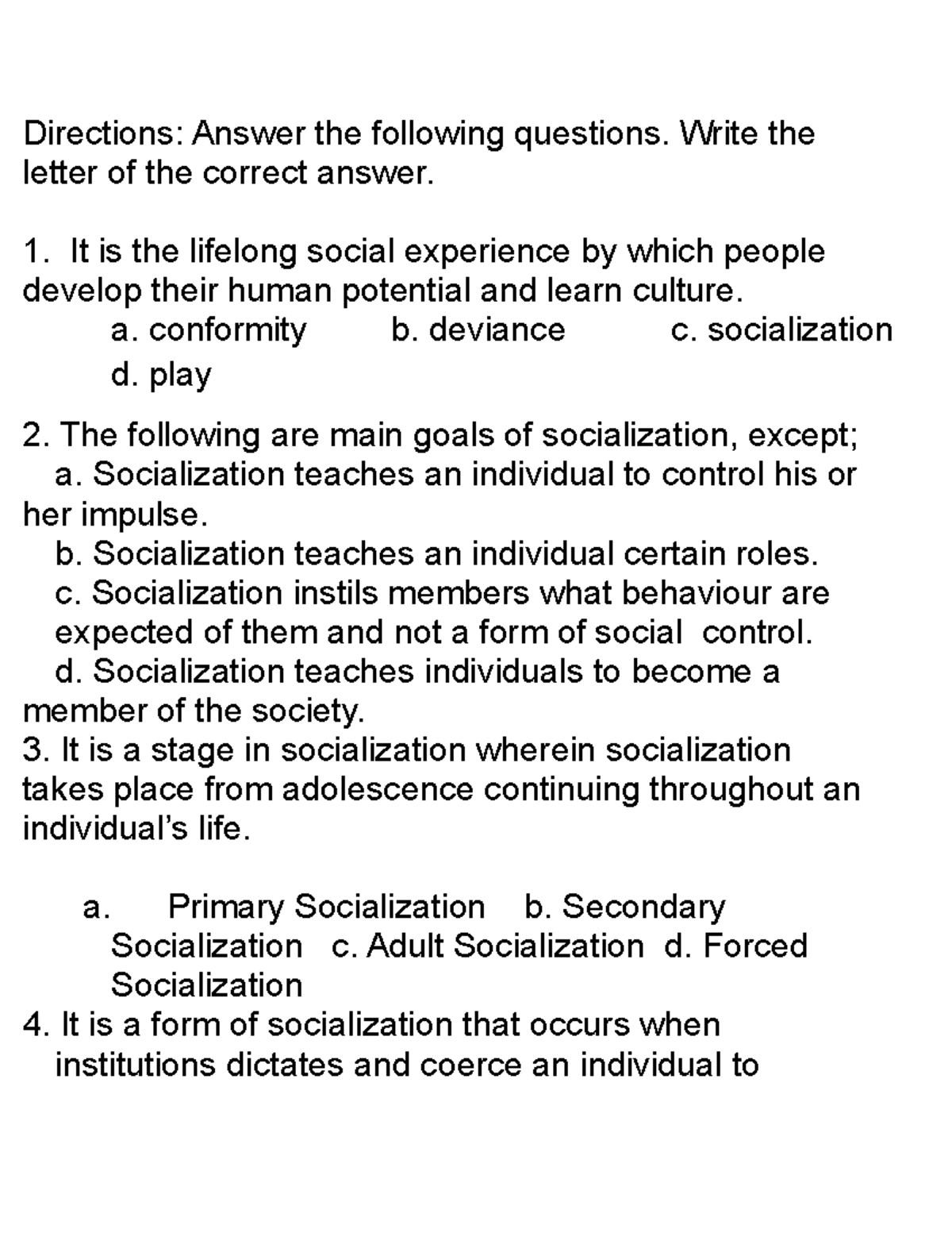 TEST in UCSP - Socialization, Conformity and Deviance - Directions ...