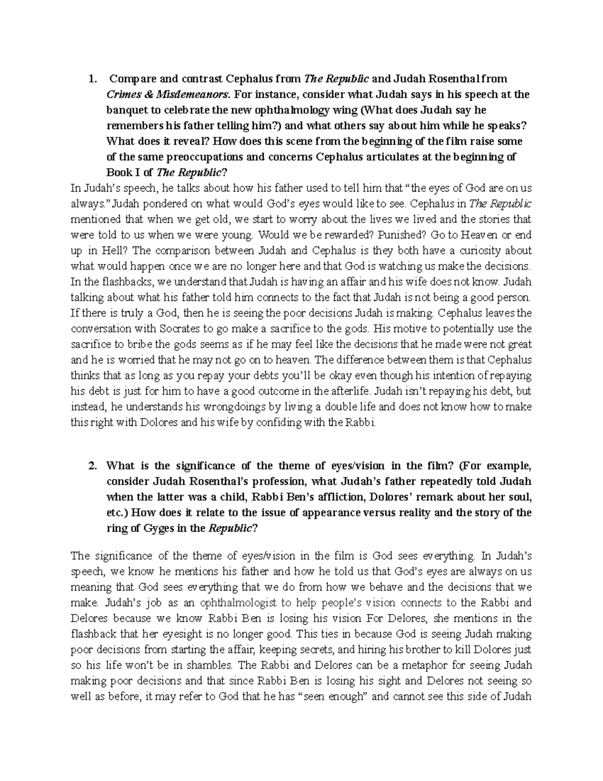 Crimes and Misdemeanors - 1. Compare and contrast Cephalus from The ...