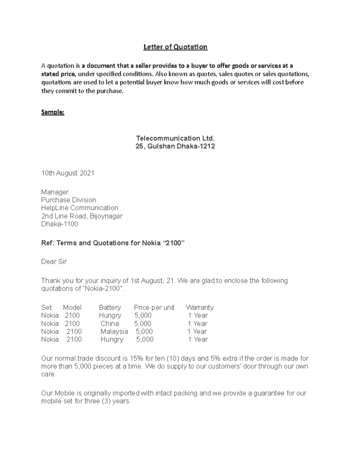Sample-letters - Eng105 letters sampleEng - Letter of Quotation A ...
