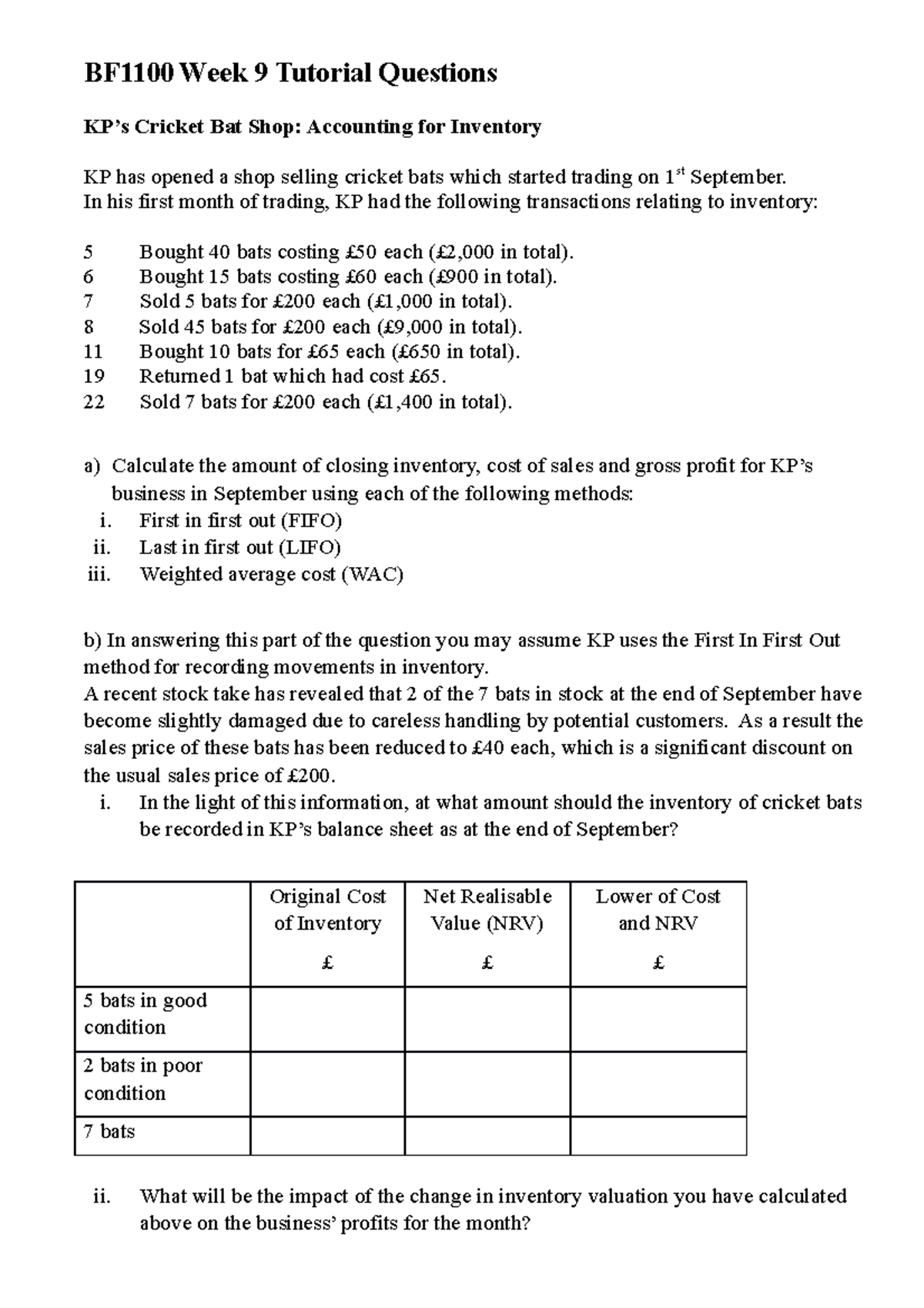 Week 9 Tutorial Questions - BF1100 Week 9 Tutorial Questions KP’s Cricket Bat Shop: Accounting ...