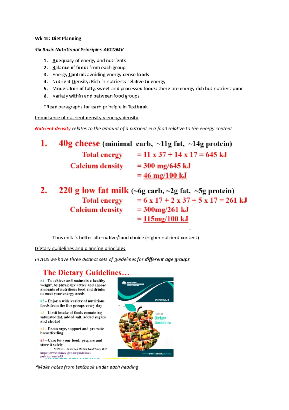 Lecture notes Wk 10 Diet planning - Wk 10: Diet Planning Six Basic ...