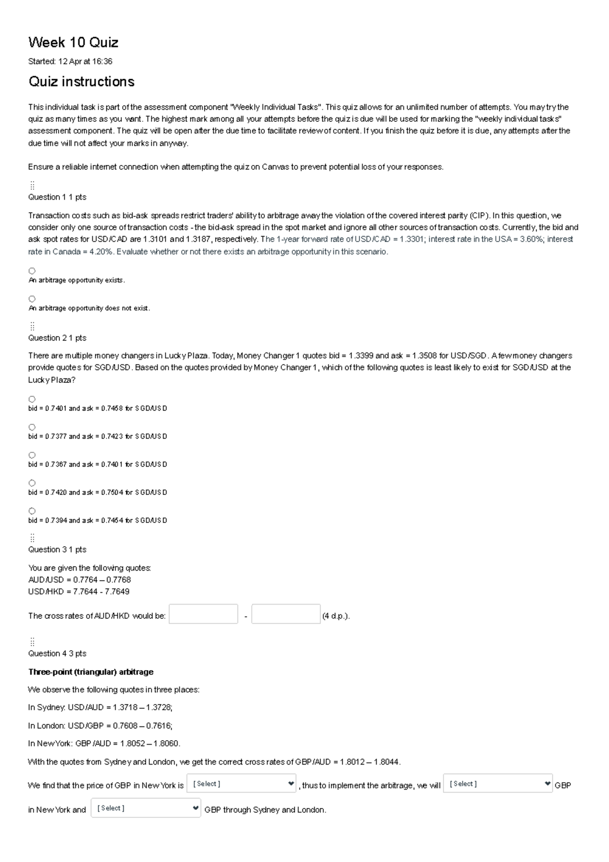 Quiz Week 10 Quiz - quiz - Week 10 Quiz Started: 12 Apr at 16: Quiz instructions Question 1 1 ...